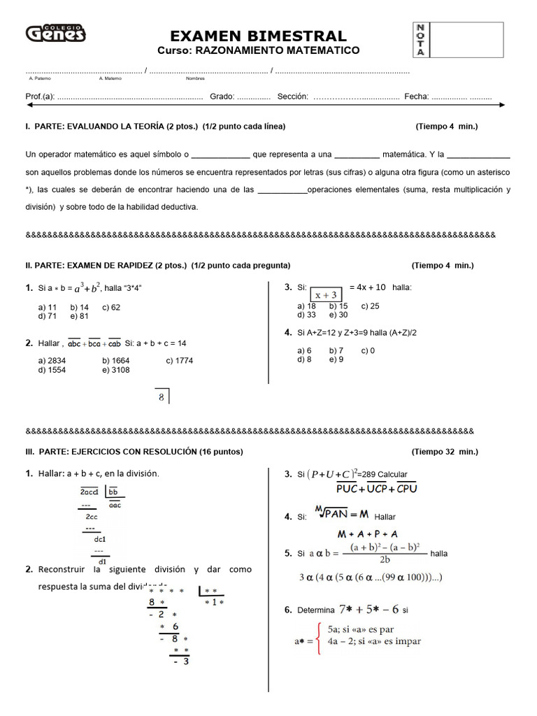 Examen Bimestral RM 4to | PDF | Matemáticas