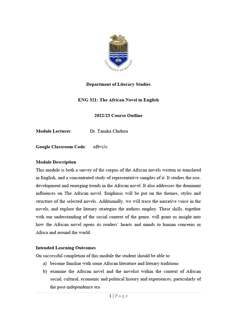ENG 321 Course Outline | PDF | Novels | Narrative
