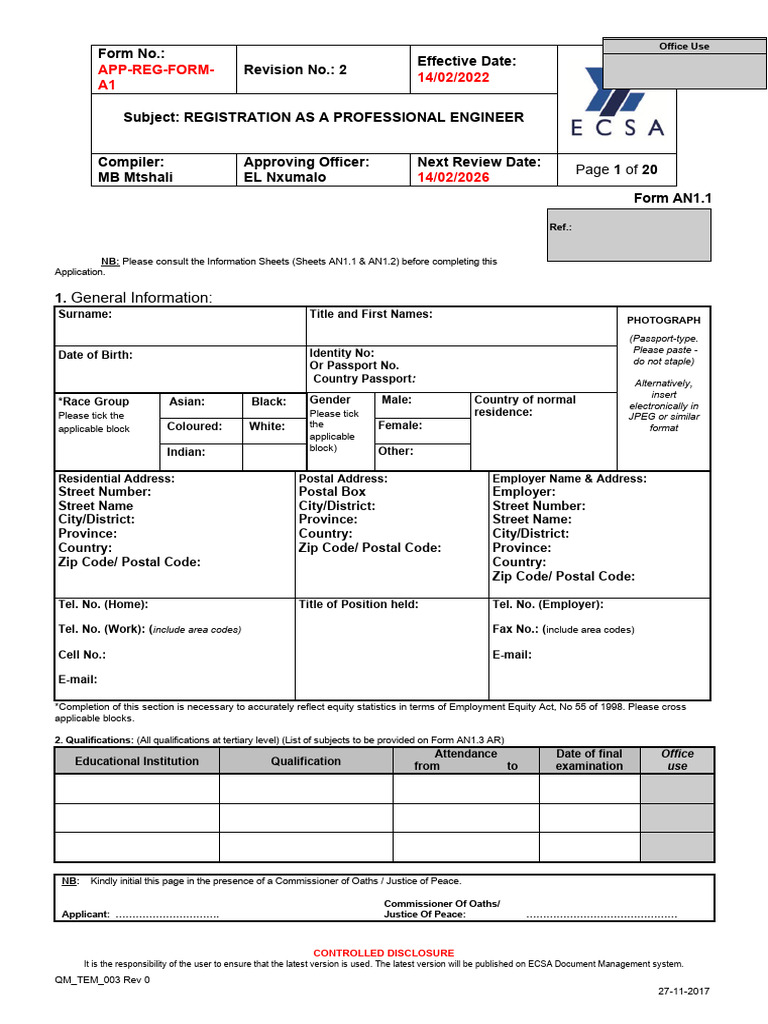 Professional Engineer Registration Form A1 | PDF | Zip Code | Notary Public