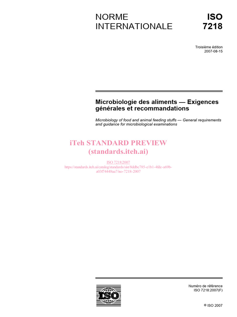 Iso 7218 2007 | PDF | Microbiologie | Organisation internationale de ...