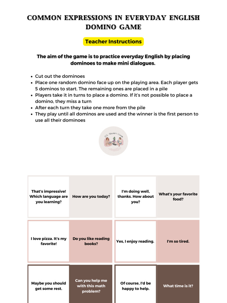 English Common Expressions Domino Game | PDF
