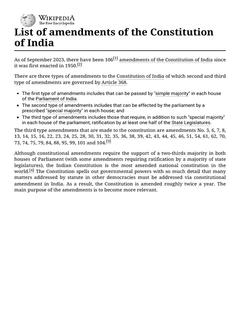 List of Amendments of The Constitution of India - Wikipedia | PDF ...