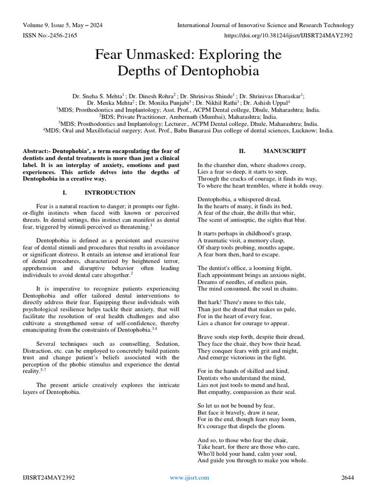 Fear Unmasked: Exploring The Depths of Dentophobia | PDF | Fear | Emotions