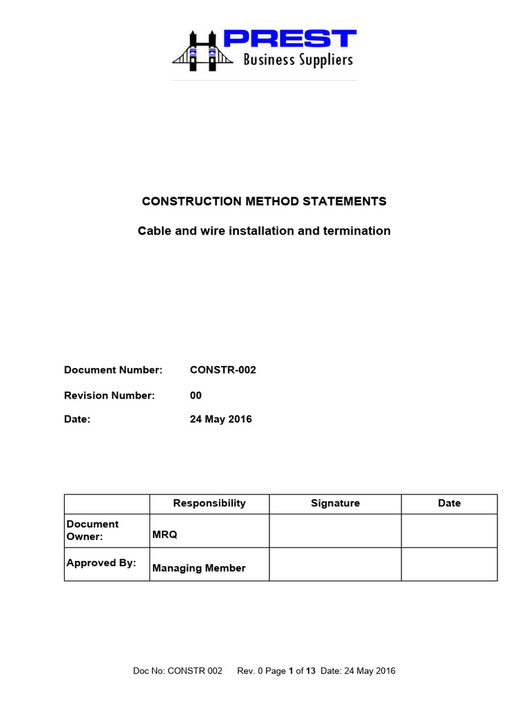 Constr-001 Method Statements Cable Installation and Termination | PDF | Electrical Wiring ...