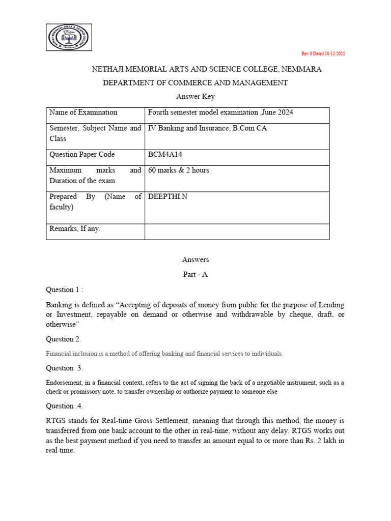 Banking and Insurance Exam Answer Key | PDF | Insurance | Cheque