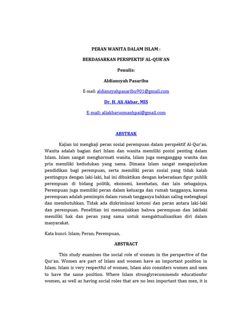 Peran Wanita Dalam Islam Berdasarkan Perspektif Al-Qur'an | PDF