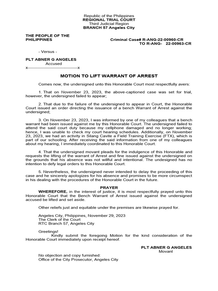Motion to Lift Arrest Warrant in Court Case | PDF | Arrest Warrant ...
