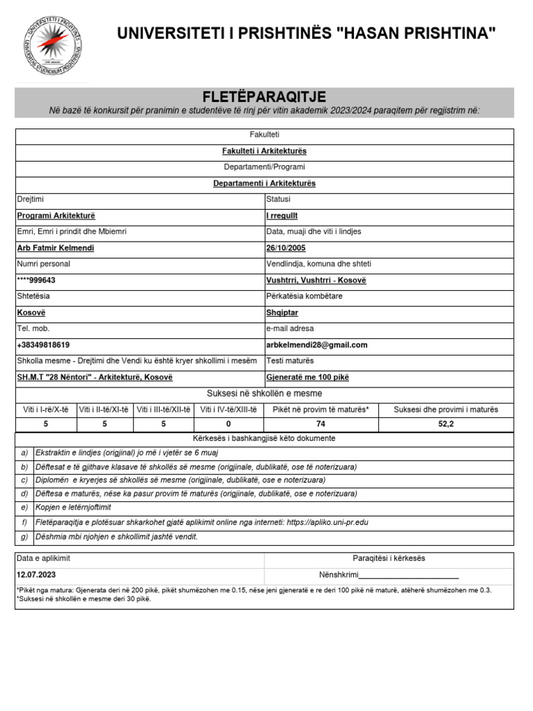 Universiteti I Prishtinës "Hasan Prishtina": Fletëparaqitje | PDF