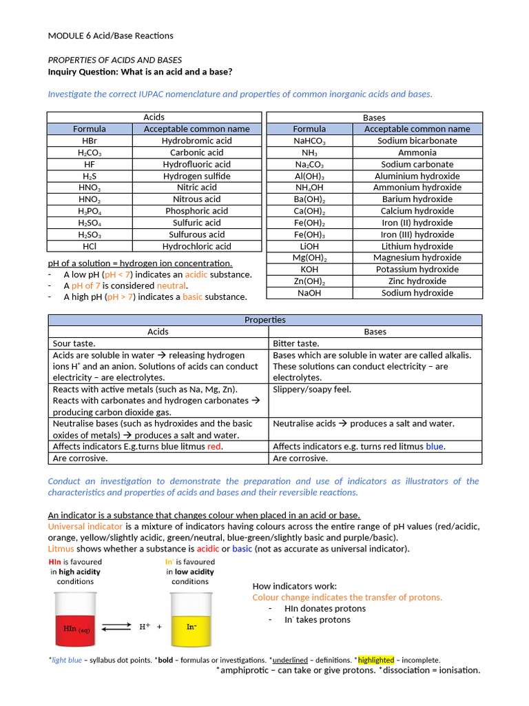 HSC Chemistry Module 6 Notes 63858a418735d | PDF | Hydroxide | Acid