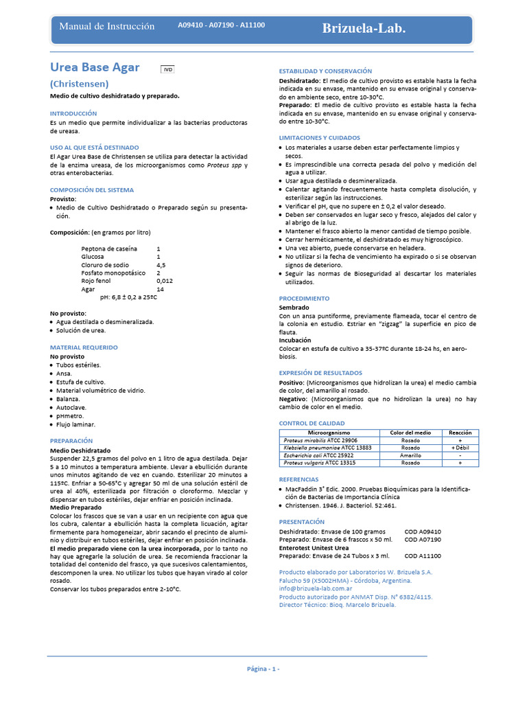 Urea Base Agar: Manual de Instrucción | PDF | Agua