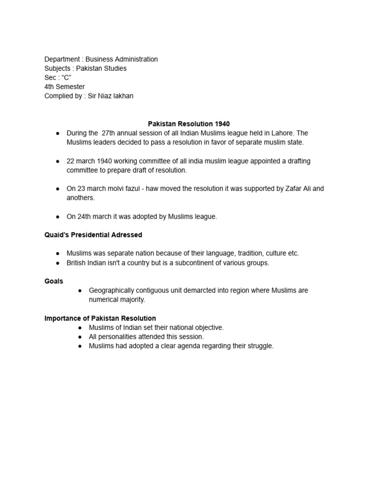 Pakistan Resolution 1940 Overview | PDF