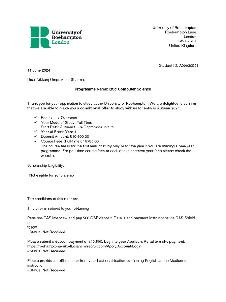 Roehampton BSc Computer Science Offer | PDF