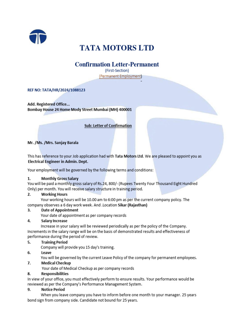 Tata Motors Confirmation Letter | PDF