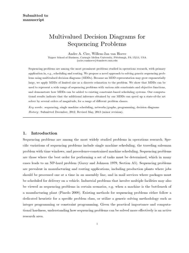 Cire 和 van Hoeve - Multivalued Decision Diagrams for Sequencing Probl | PDF | Mathematical ...