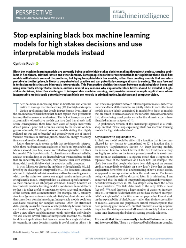 Rudin - 2019 - Stop Explaining Black Box Machine Learning Models For High Stakes Decisions and ...