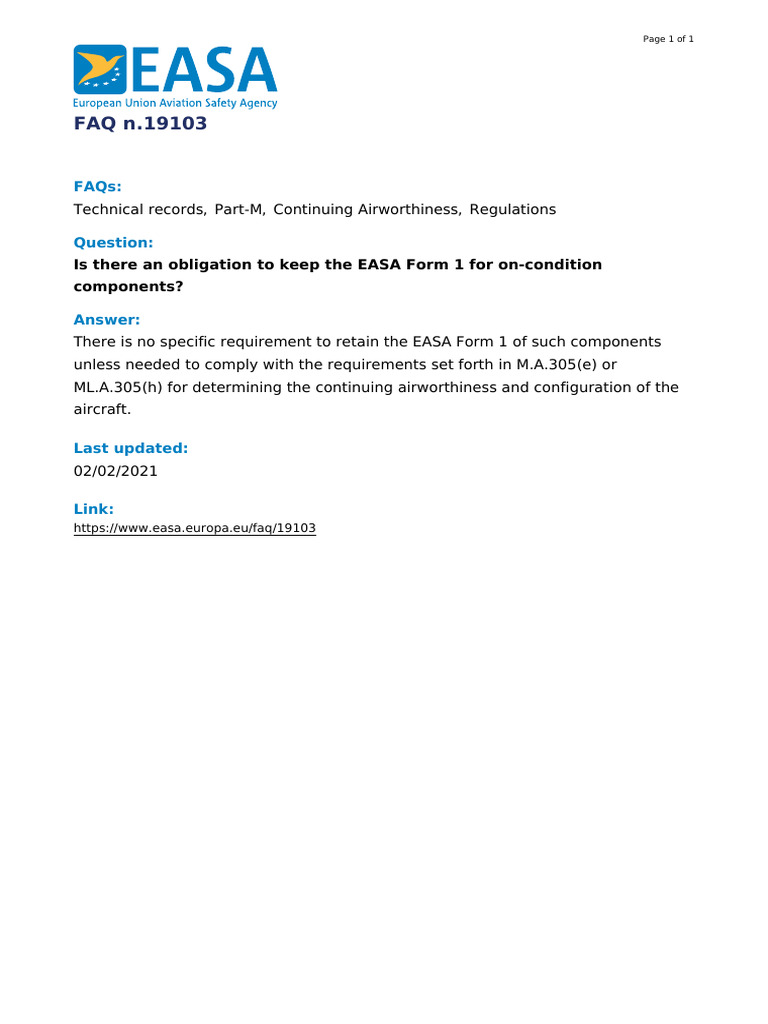 EASA - Is There An Obligation To Keep The EASA Form 1 For Oncondition Components | PDF