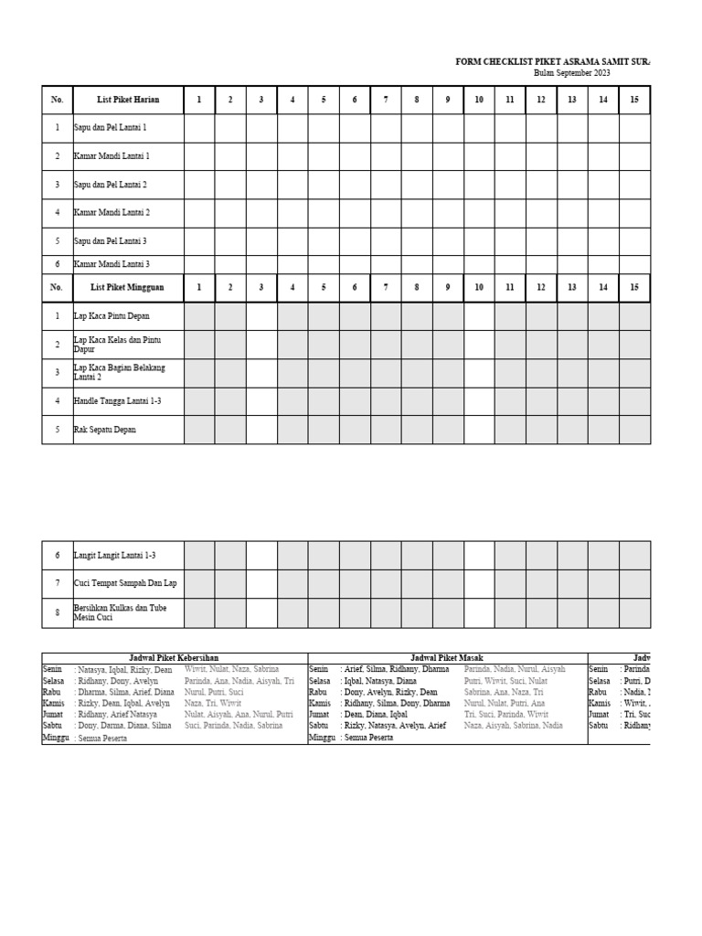 Form Checklist Dan Jadwal Piket Surabaya D E September | PDF