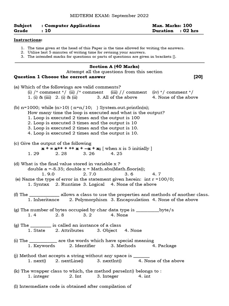 Icse Sample Paper 3 For Computer Applications Pdf Method Computer Programming Class