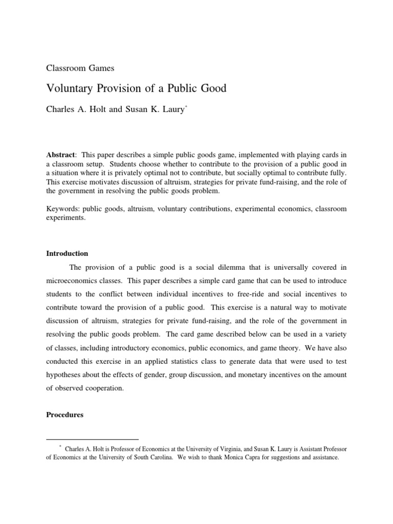 Voluntary Provision of A Public Good: Classroom Games | PDF | Public ...