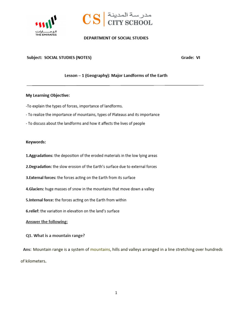 (NOTES ) GRADE 6 ( GEO) L-6 MAJOR LANDFORMS OF THE EARTH | PDF ...