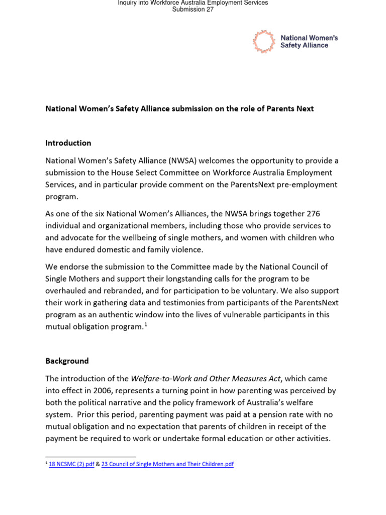 Sub 27 - National Women's Safety Alliance - ParentsNext | PDF | Single ... Sub 27 - National Women's Safety Alliance - ParentsNext | PDF | Single ...