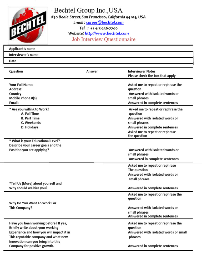 Bechtel Job Interview Questionnaire | PDF | Travel Visa | Question