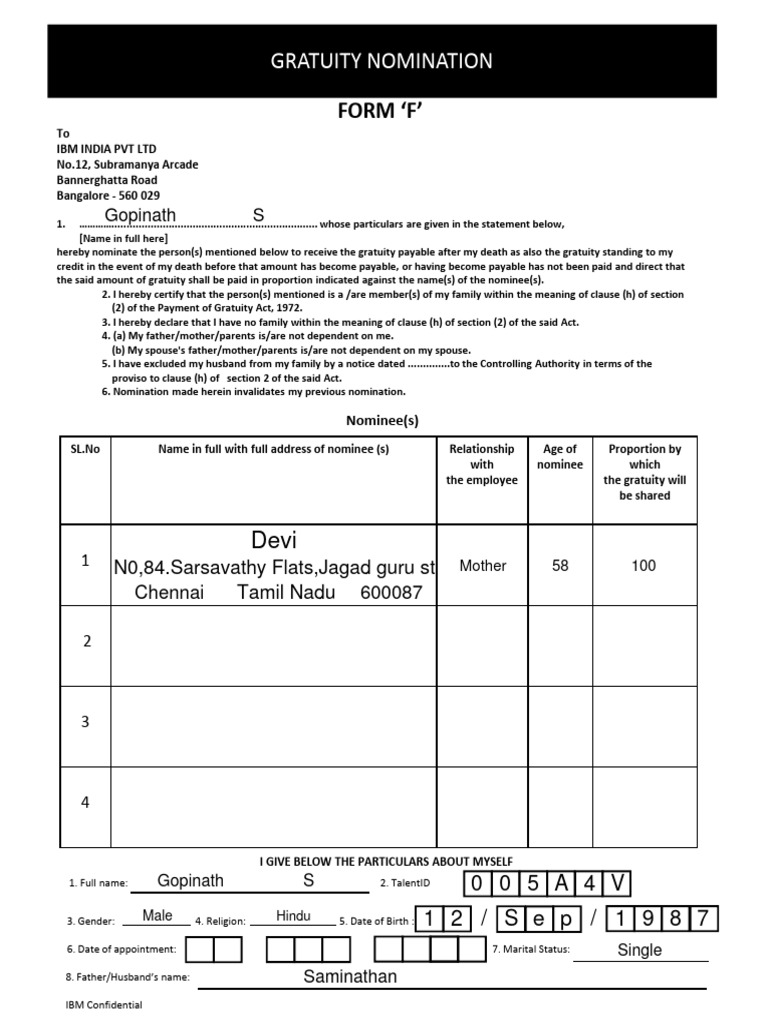 Gratuity Nomination: Form F' | PDF