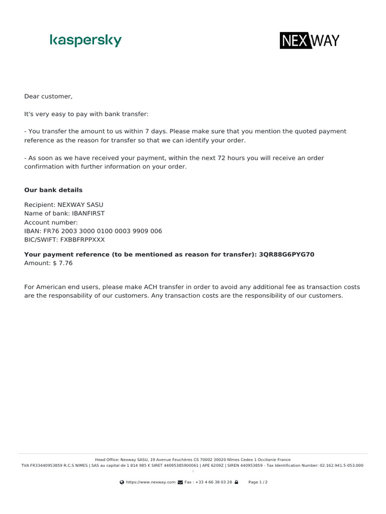 Bank Transfer Instructions for Nexway | PDF | Invoice | Banking