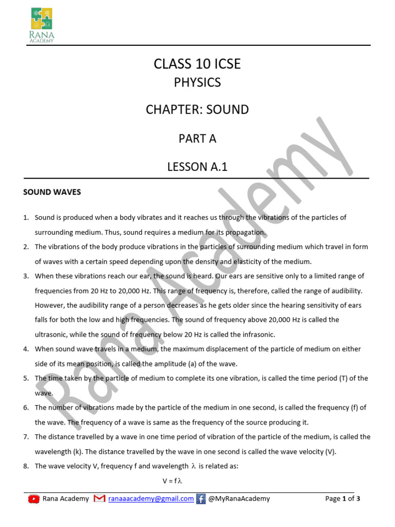 Class 10 Icse - Sound - Part A - Lesson A.1 | PDF | Waves | Sound