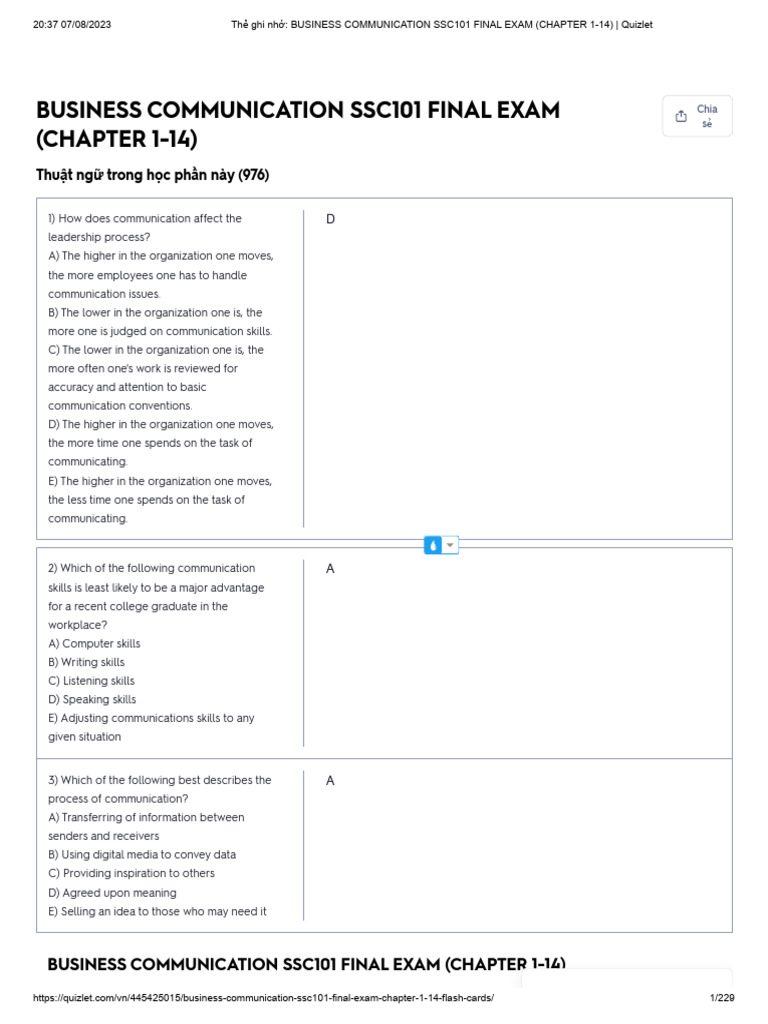 Thẻ Ghi Nhớ - Business Communication Ssc101 Final Exam (Chapter 1-14) - Quizlet | PDF ...