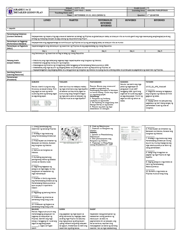 DLL Araling Panlipunan 6 q1 w5 | PDF