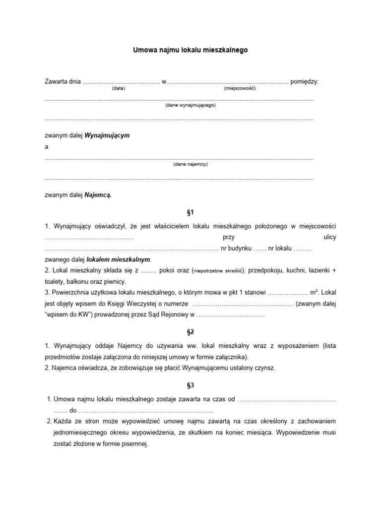 Umowa Najmu Lokalu Mieszkalnego - Wzór (1) 2024 | PDF