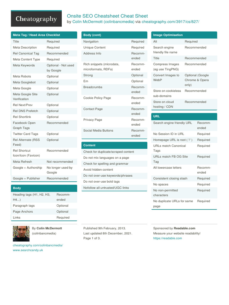 Colinbancmedia - Onsite Seo Cheatsheet | PDF | Search Engine Optimization | Hypertext