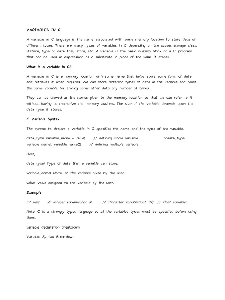 Variables in C | Download Free PDF | Scope (Computer Science) | Data Type