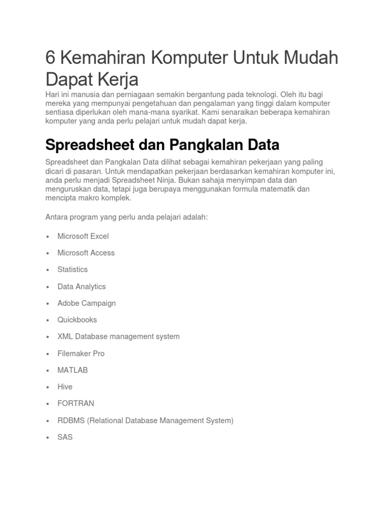 6 Kemahiran Komputer Untuk Mudah Dapat Kerja | PDF