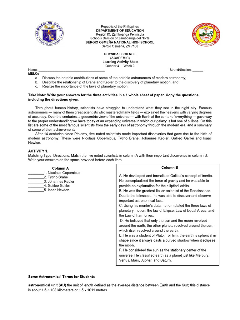 Week 3 LAS PHYSICAL SCIENCE | PDF | Tycho Brahe | Johannes Kepler