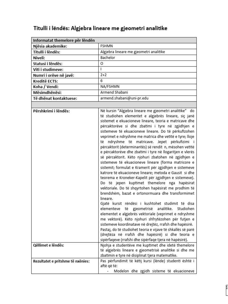 Titulli I Lëndës: Algjebra Lineare Me Gjeometri Analitike | PDF
