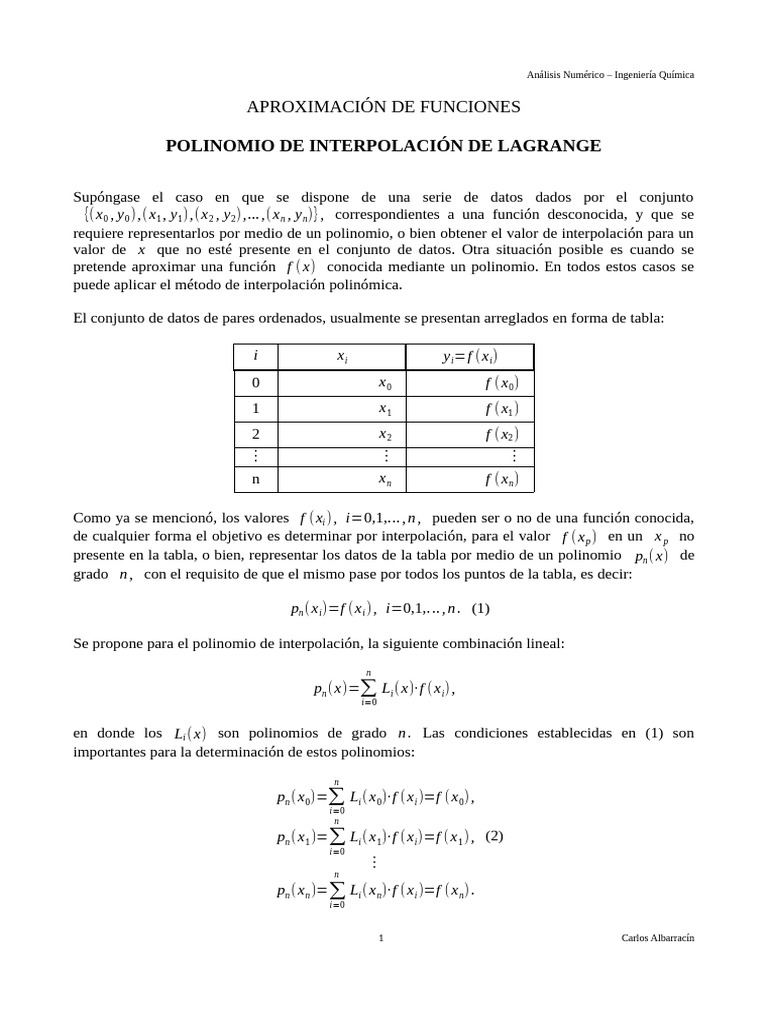 Interpolación de Lagrange | PDF | Relaciones matematicas | Matemáticas Aplicadas