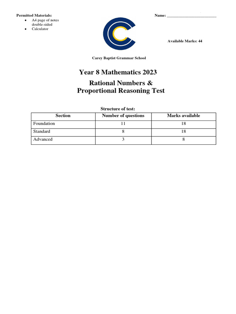 Year 8 Rational Numbers and Proportional Reasoning Test 2023 | PDF ...