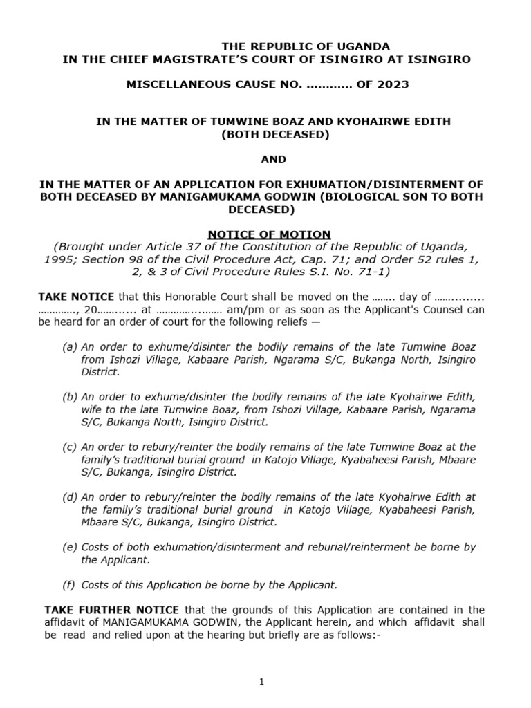 Exhumation Application for Tumwine Boaz | PDF | Burial | Cemetery