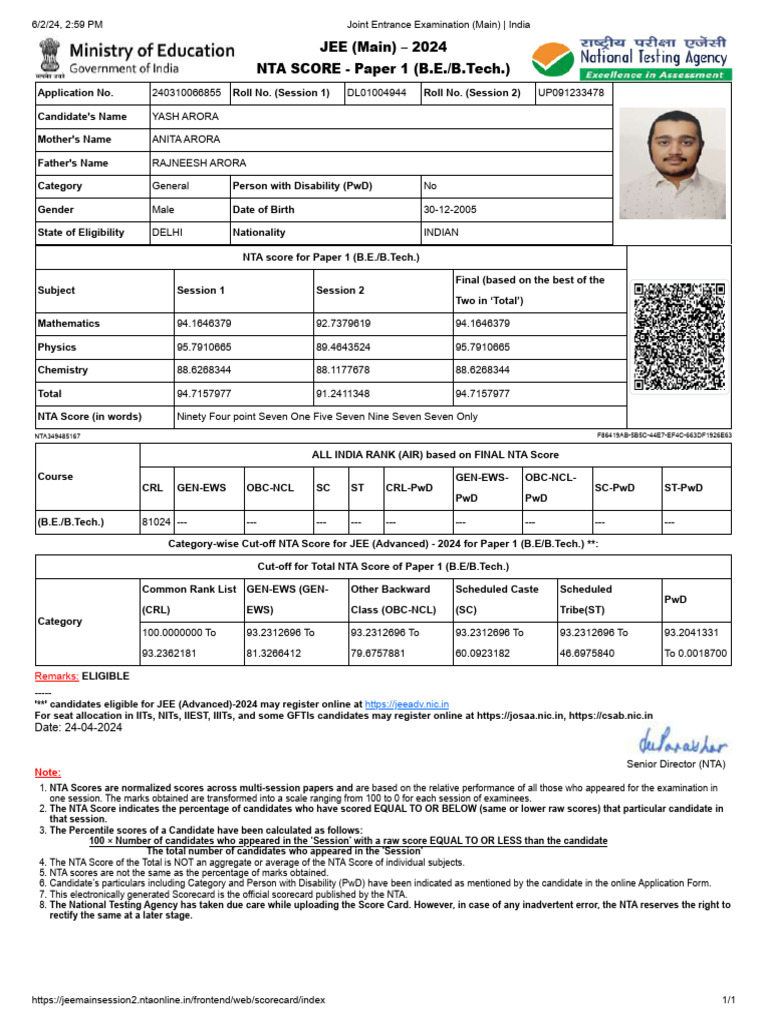 Jee Mains Scorecard | PDF | Tests | Qualifications