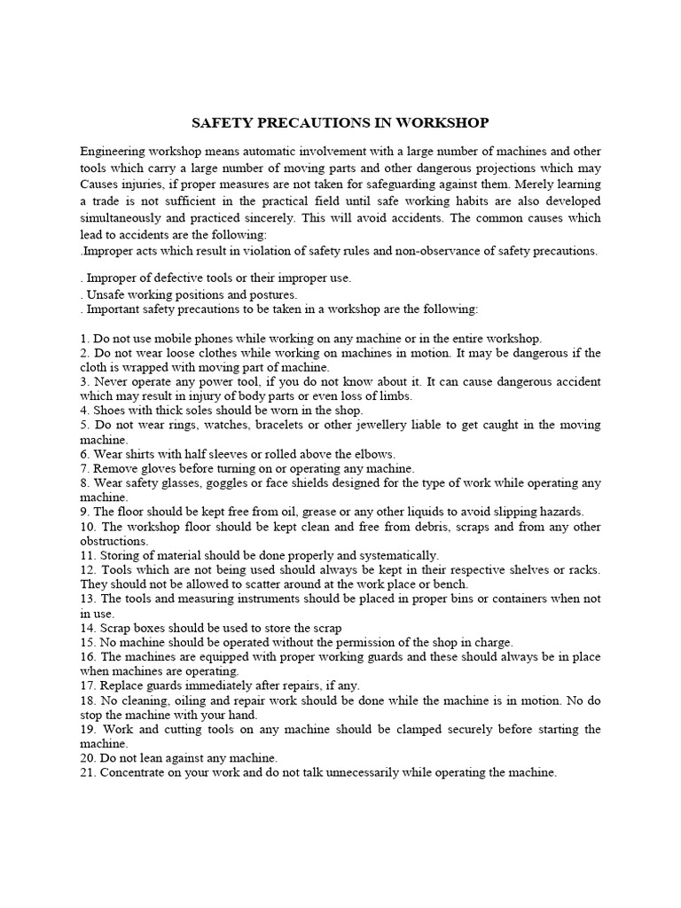 Workshop Safety Precautions | PDF | Tools | Soldering
