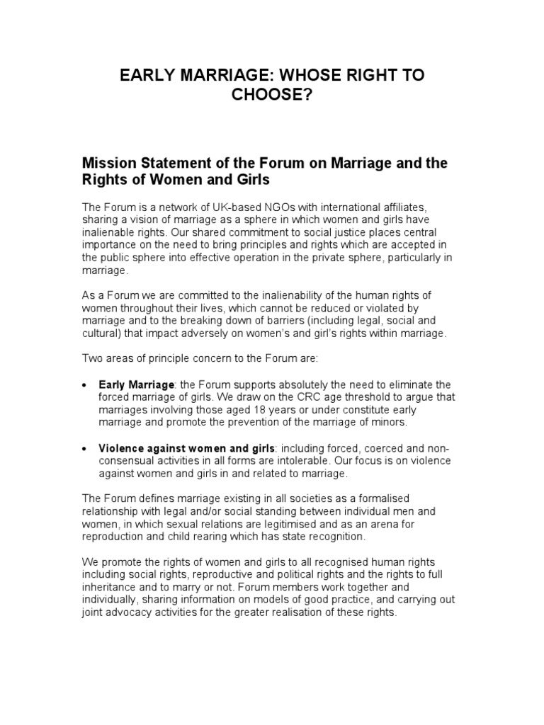 Early Marriage: Whose Right To Choose?: Mission Statement of The Forum ...