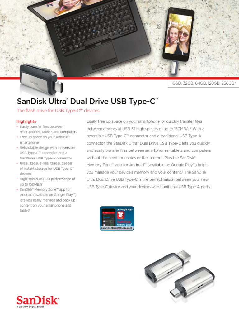 SanDisk Ultra Dual Drive USB Type-C & USB 3.1 Datasheet | PDF | Usb | Mobile App