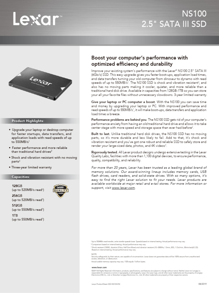 Lexar Ns100 SSD Datasheet | PDF | Solid State Drive | Computing