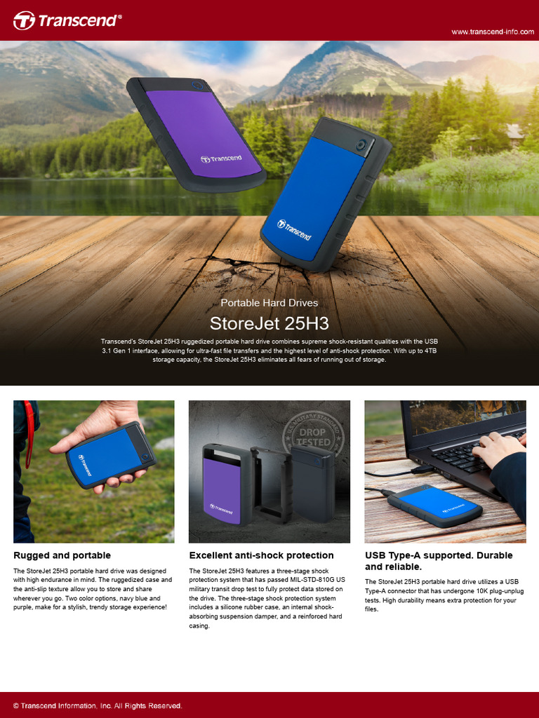 Transcend StoreJet (TS2TSJ25H3P) Portable Hard Drive Datasheet | PDF ...