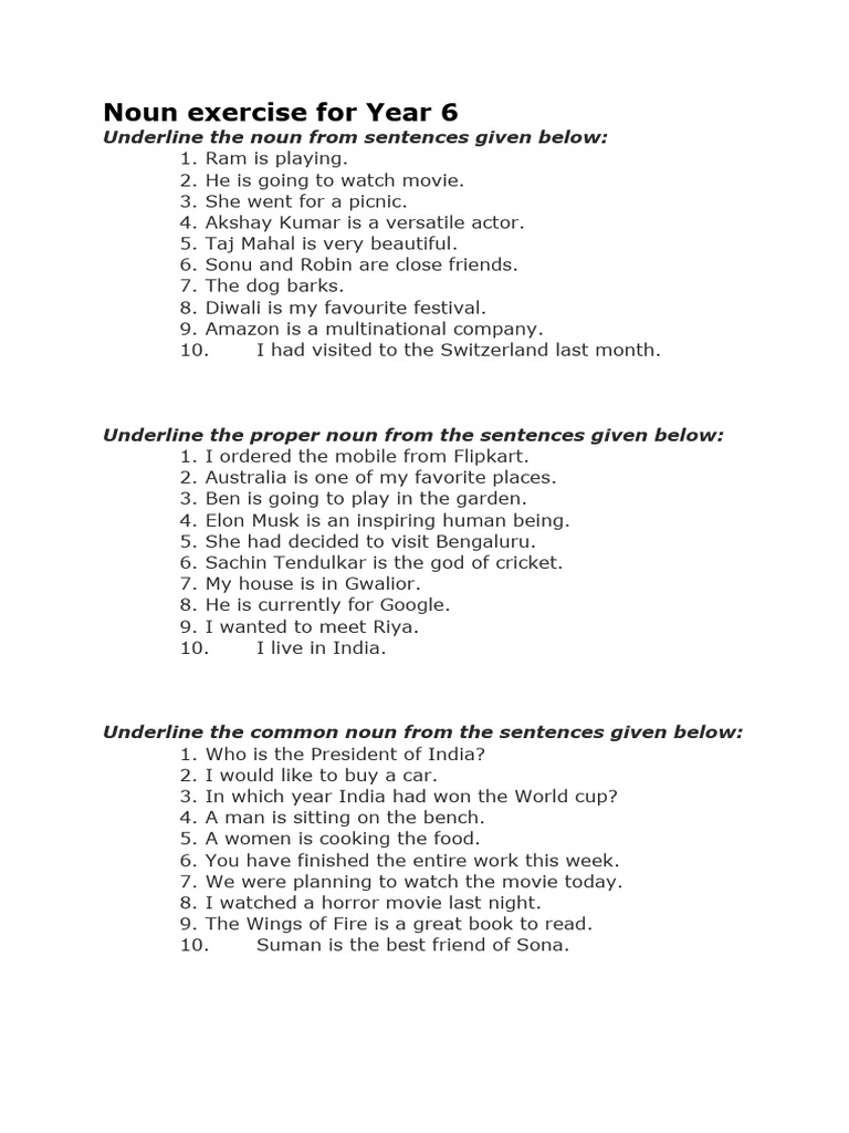 Noun Exercises for Year 6 Students | PDF