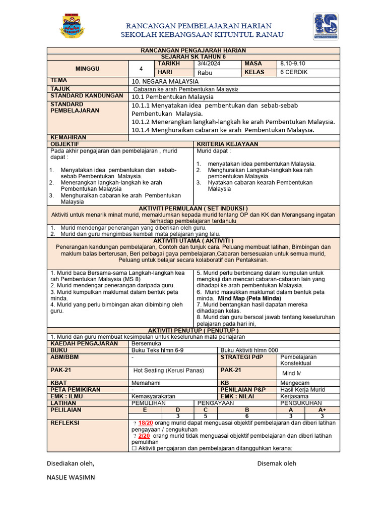 REFLEKSI RPH MINGGU 4 SEJARAH TAHUN 6 | PDF