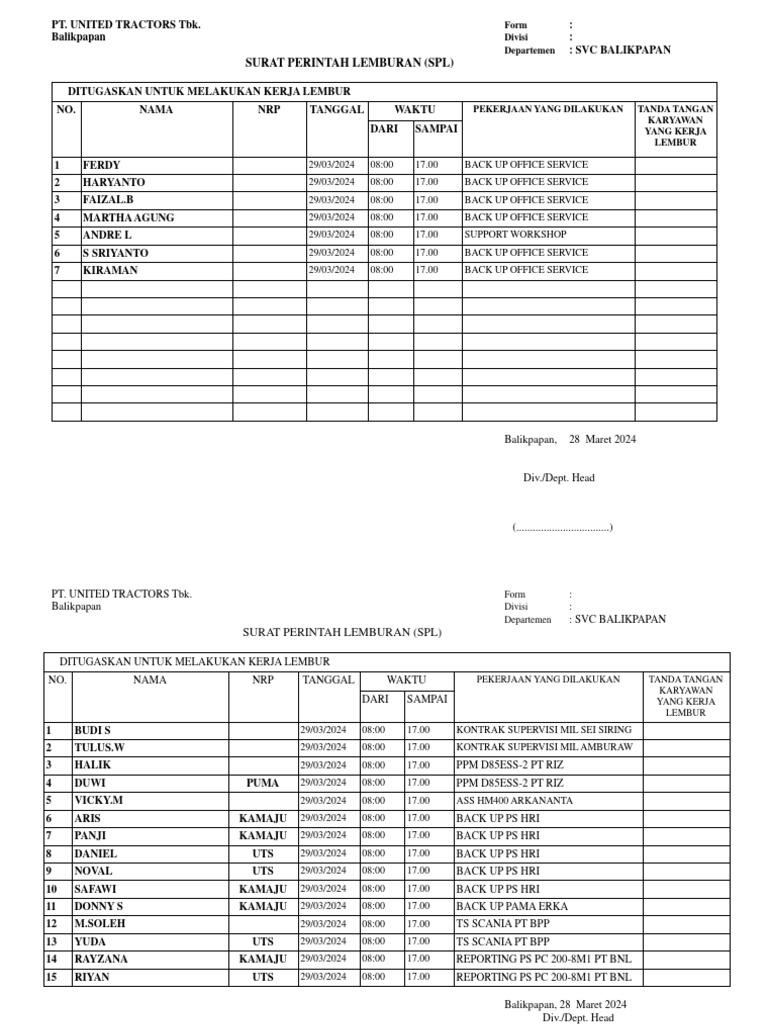 Surat Perintah Lemburan PT United Tractors | PDF