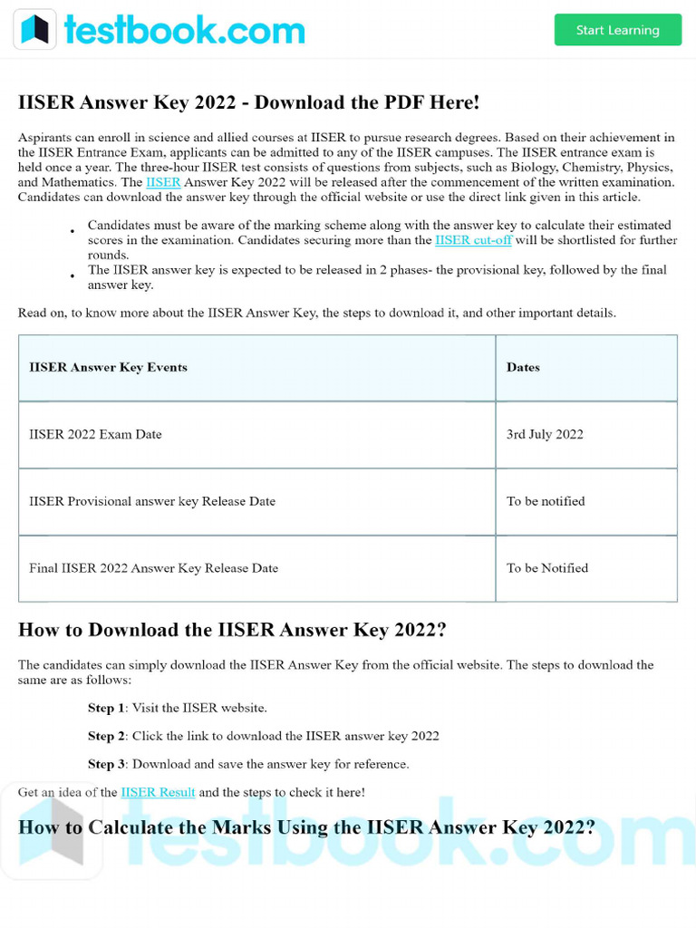 IISER Answer Key 2022 - Download The PDF Here! | PDF